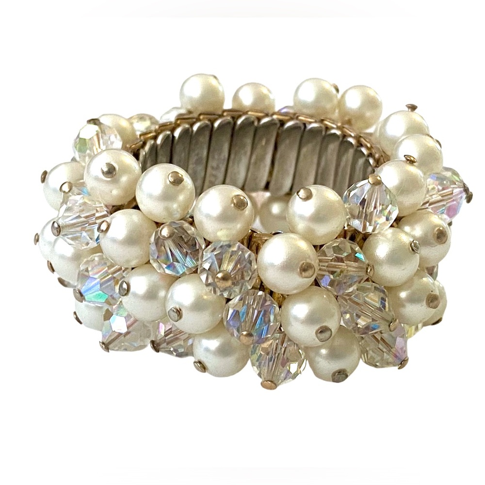 Vintage 1950s Crystal Pearl Expansion Bracelet - Gem